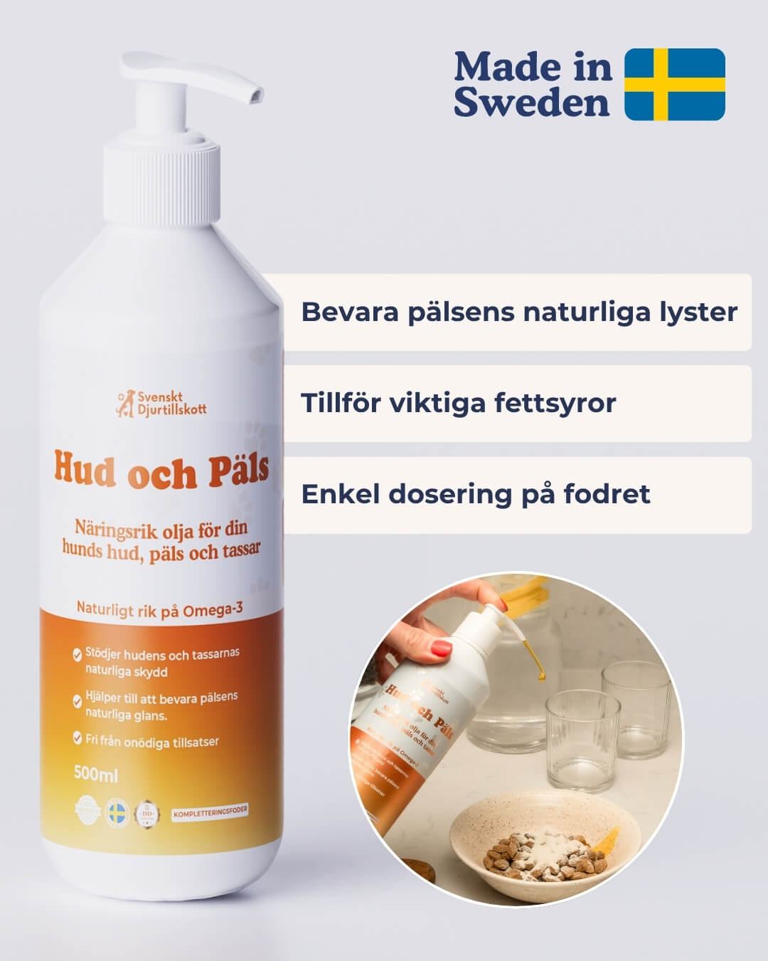 Hud och Päls – Näringsrik olja rik på Omega-3 – Svenskt Djurtillskott